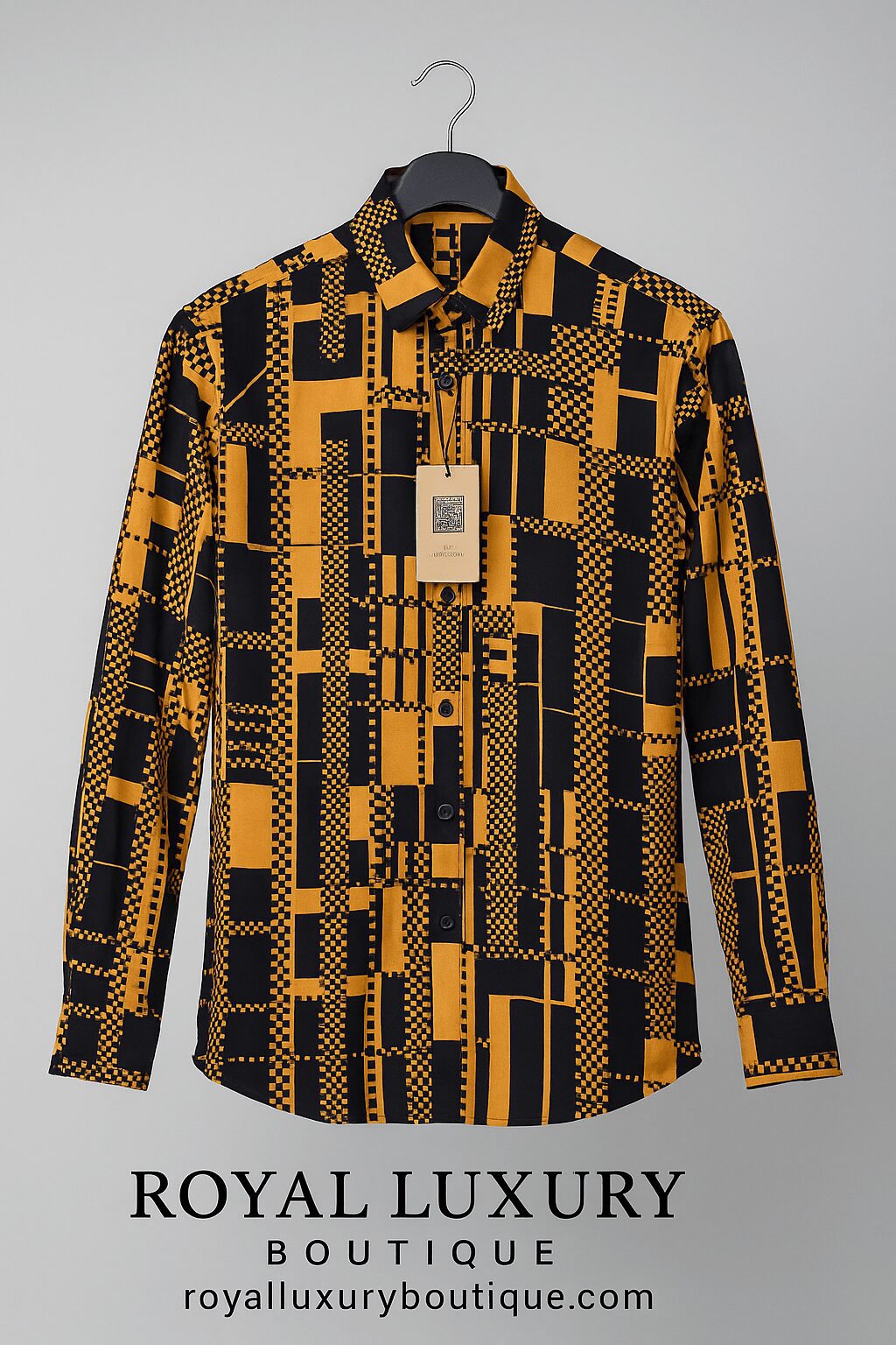 Geometric Gold – The Luxe Grid Print Shirt – Royal Luxury Boutique